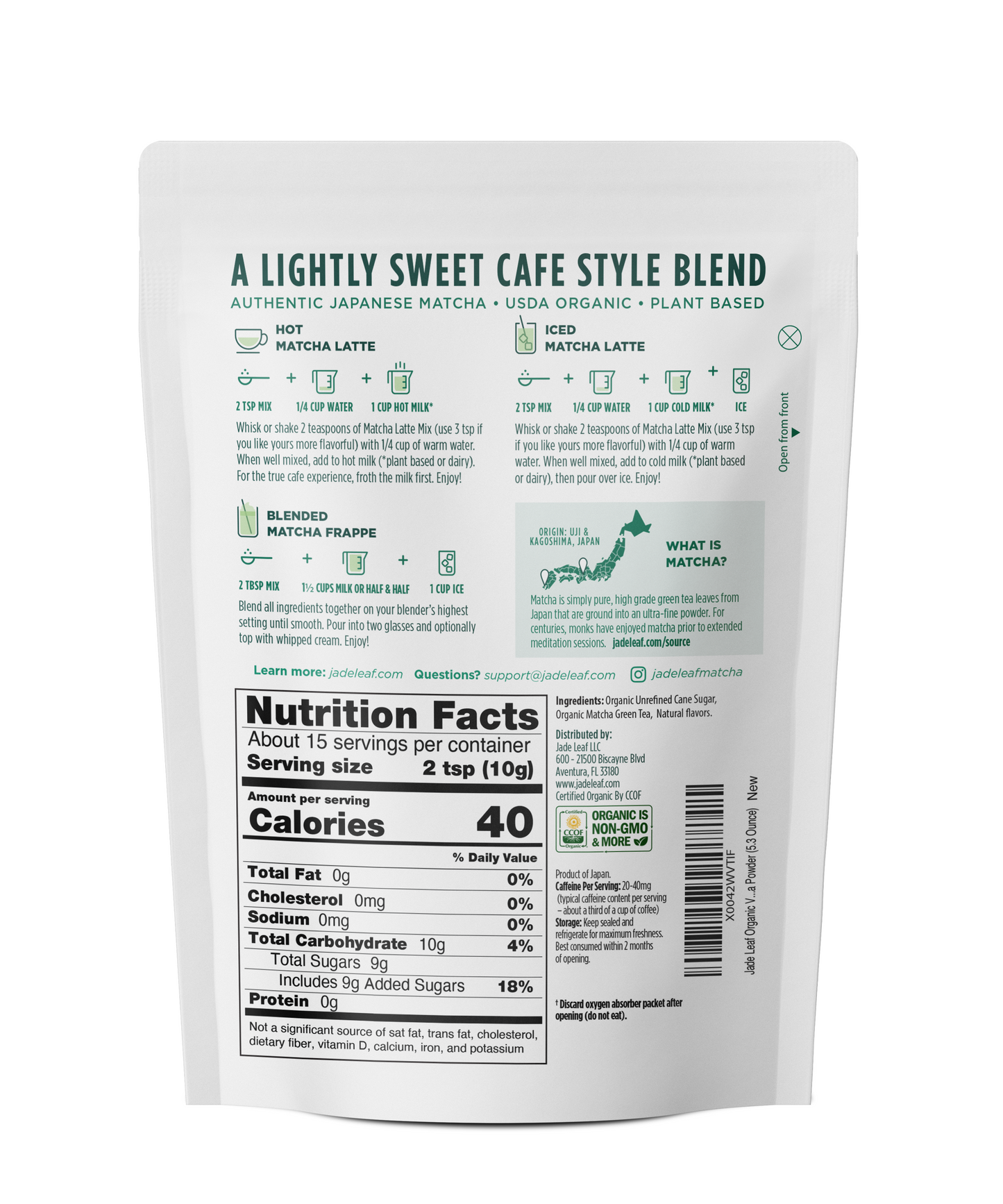 Organic Cafe Style Sweetened Matcha Latte Mix - Vanilla – Jade Leaf Matcha