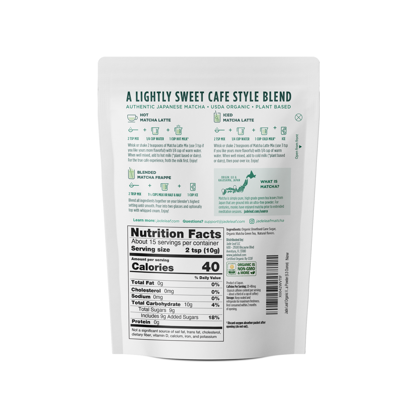 Organic Cafe Style Sweetened Matcha Latte Mix - Vanilla – Jade Leaf ...
