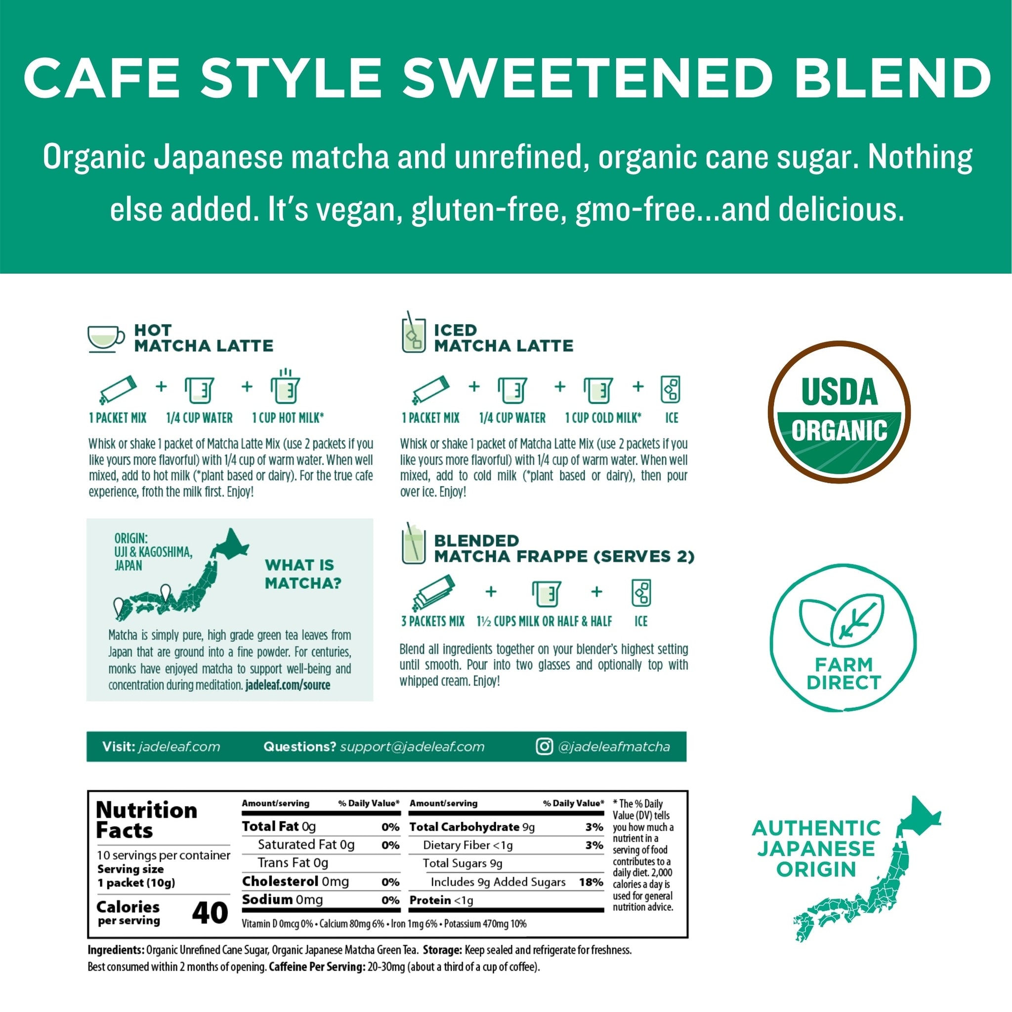 Organic Cafe Style Sweetened Matcha Latte Mix - Original - Stick Packs ...